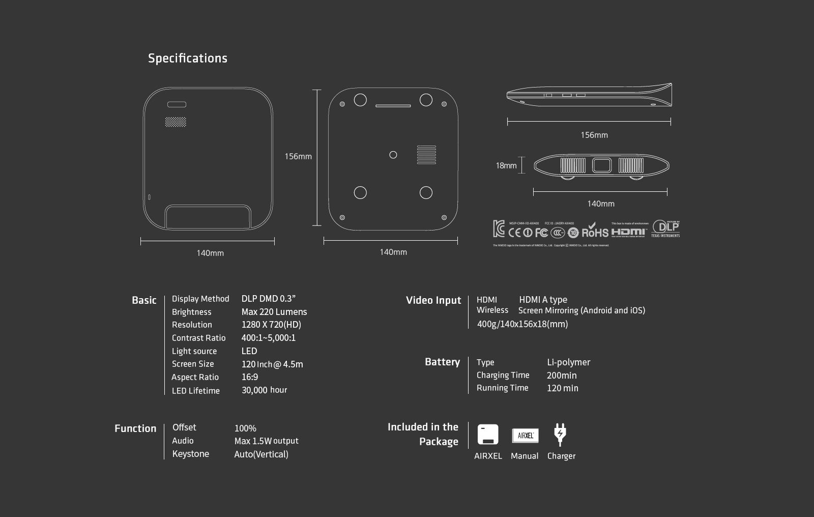Innoio Projector: Innoio AIRXEL S HDTV DLP